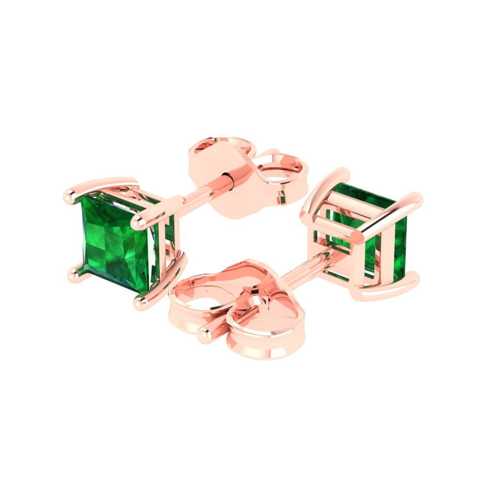 2.0 Ct Princess Cut Studs Green Emerald 14K Rose Solid Solid Gold ...