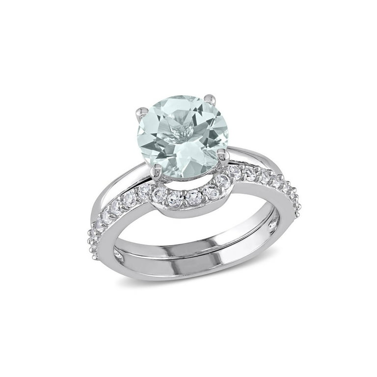 2.00 Carat Ctw Aquamarine and Lab Created White Sapphire with Diamonds Bridal Wedding Set Engagement Ring 10K White Gold