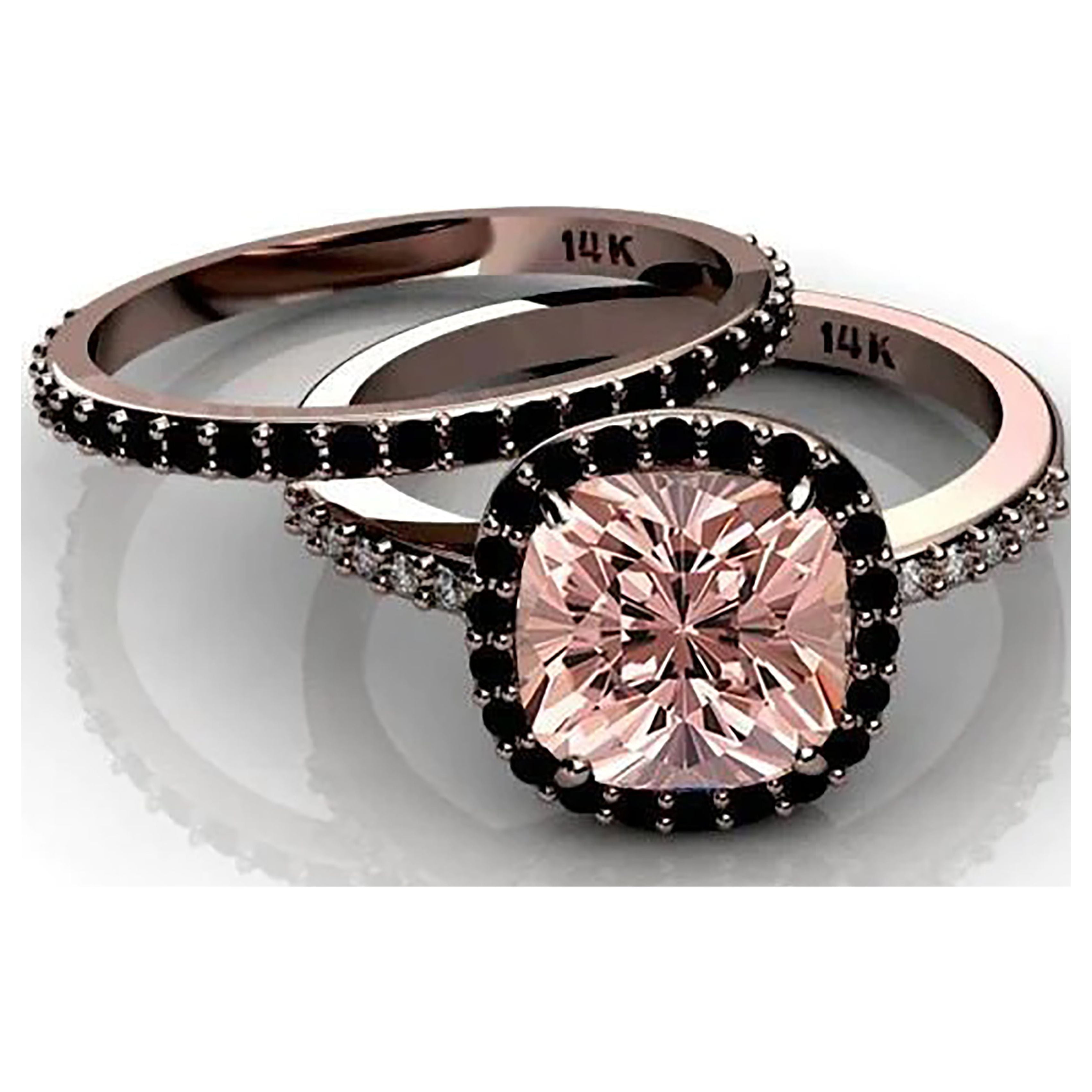 2.00 Carat Morganite And Black Diamond Moissanite Halo Bridal Ring Set ...