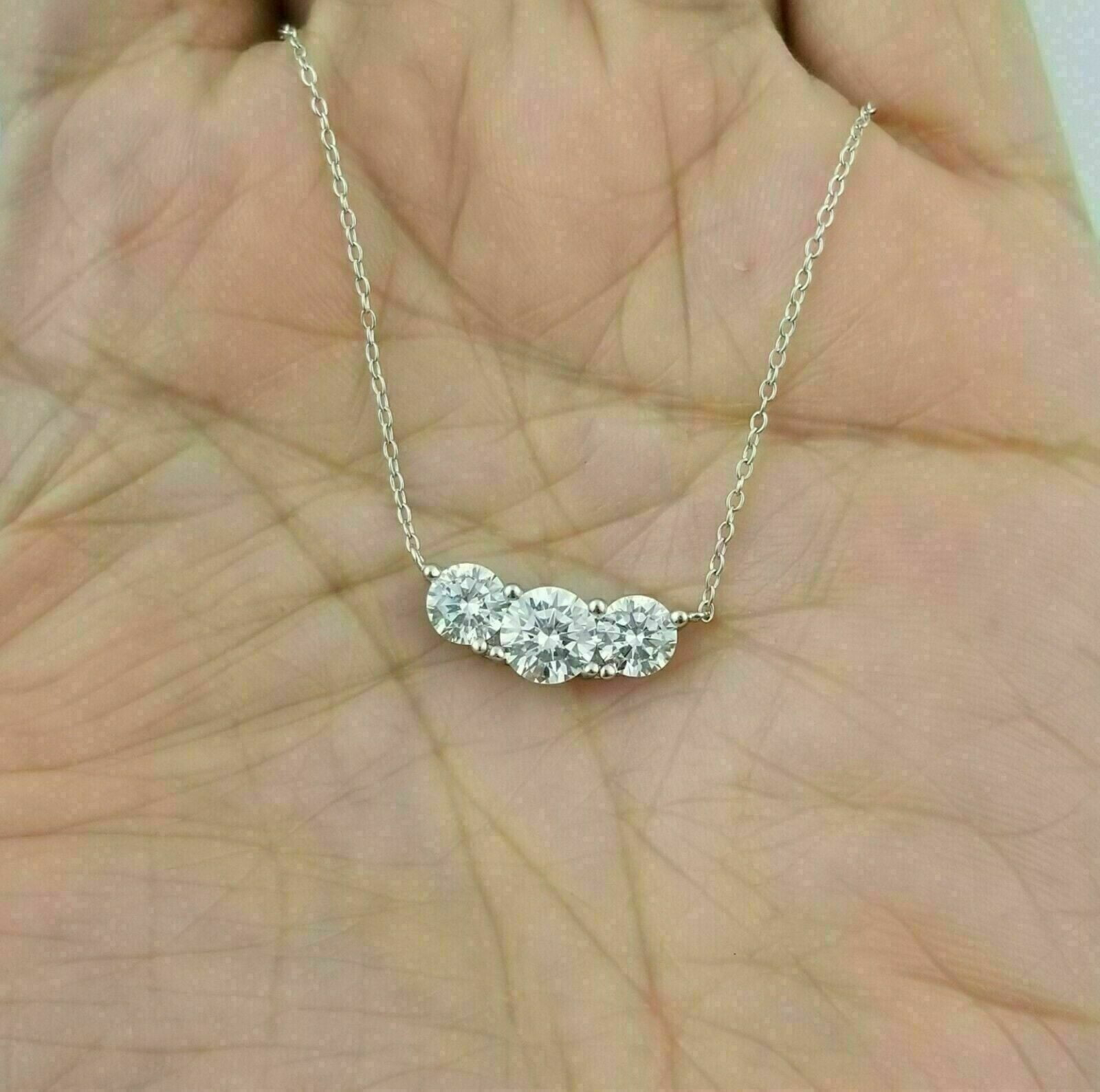 2.00 ct Lab Created Diamond Three Stone Pendant Necklace 14k White Gold ...