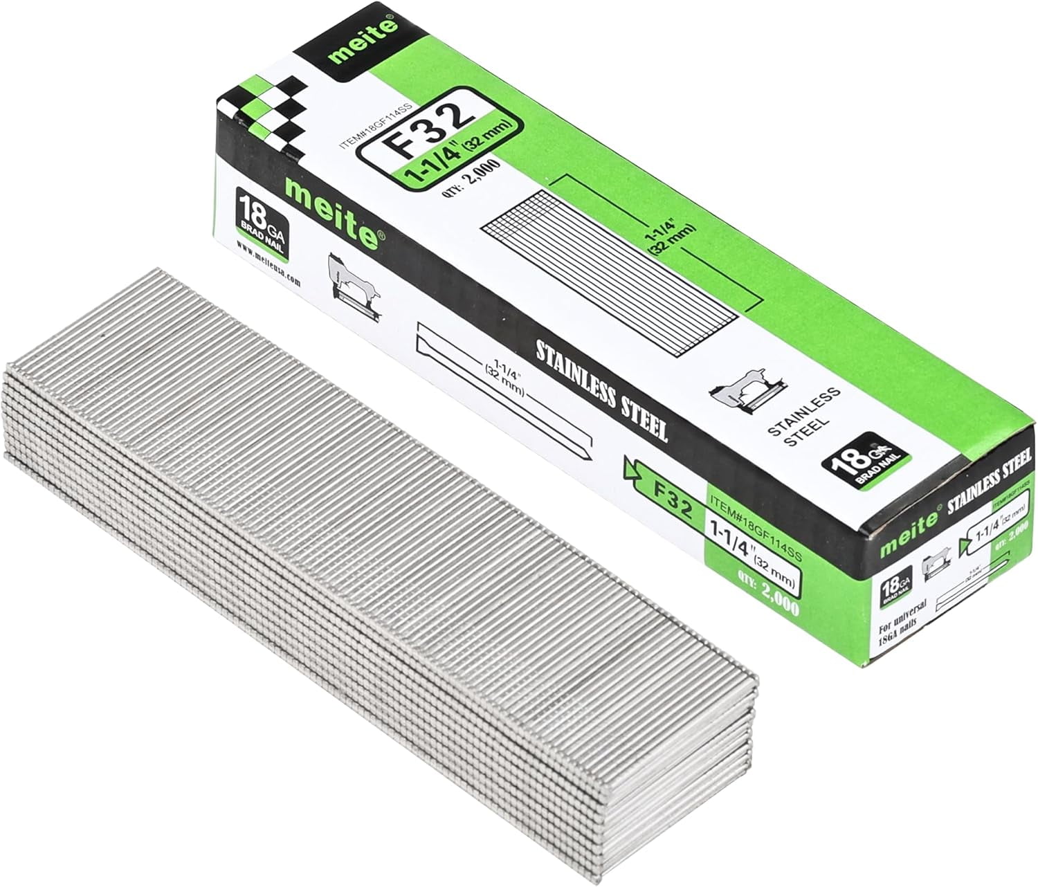 2,000 PCS MEITE 18 Gauge Stainless Steel Brad Nails,1-1/4 Inch Length ...