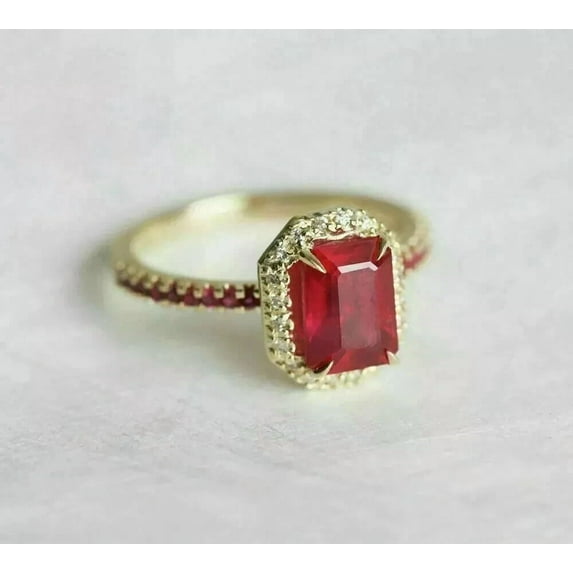 2.00CT Emerald Cut Simulated Red Ruby Diamond Halo Wedding Women's Ring ...