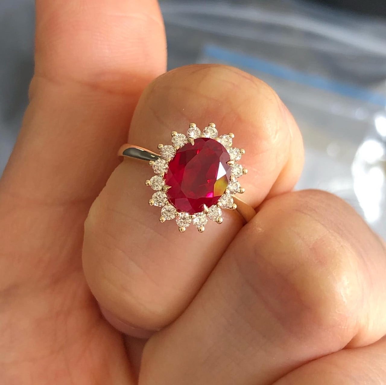2.00CT Oval Cut Red Stone Halo Setting Ring with Clear Accent Stones ...