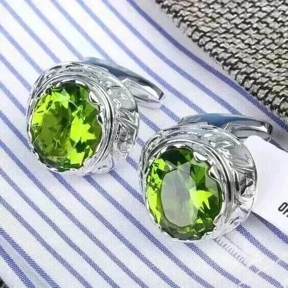 2.00CT Oval Cut Simulated Peridot Men's Fancy Cufflinks 14K White Gold ...