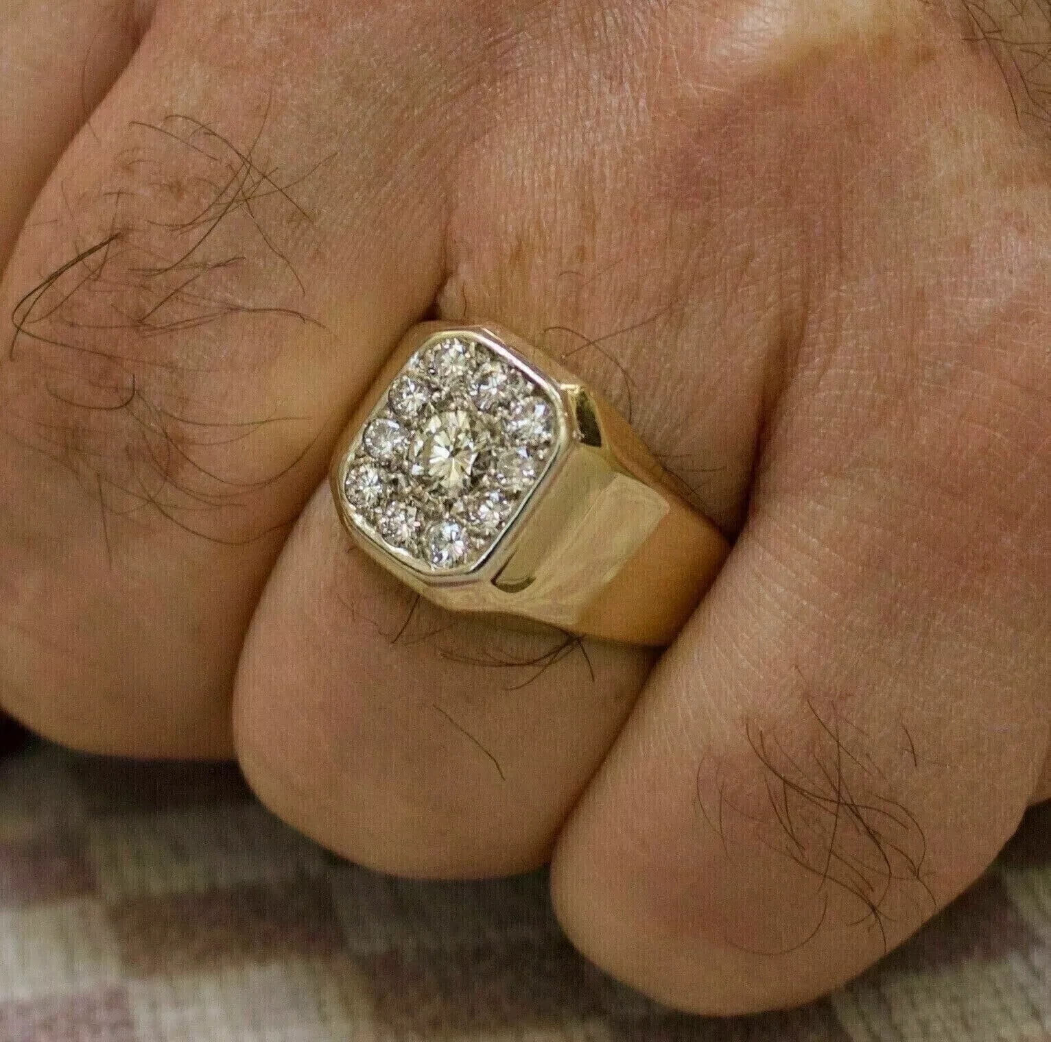 2.00CT Round Cut Real Moissanite Men's Cluster Pinky Ring 14K Yellow ...