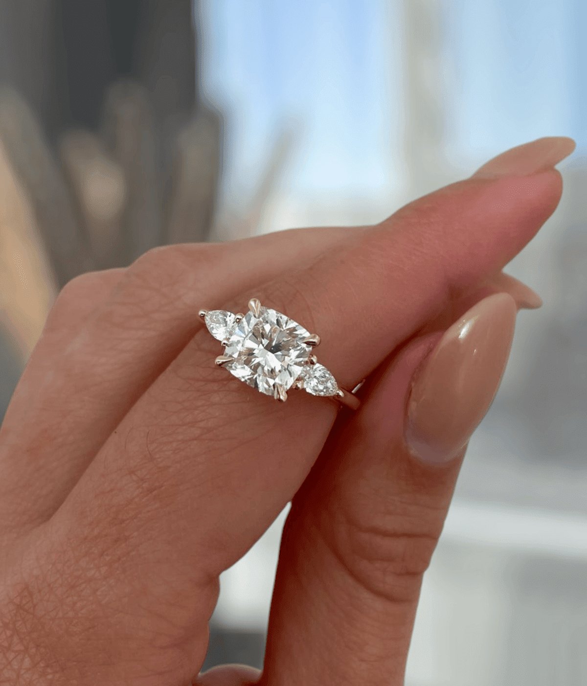 2.00Ct Cushion Cut Moissanite Trilogy Engagement Ring, Pear Side Stones ...