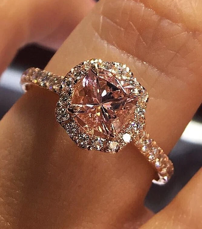 2.00Ct Cushion Cut Simulated Peach Morganite Halo Pretty Wedding Ring ...