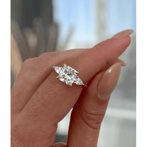 2.00Ct Cushion Lab Grown Diamond Trilogy Engagement Ring, Pear Side ...