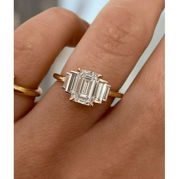 2.00Ct Emerald Cut Art-Deco Lab-Grown Diamond Trilogy Engagement Ring ...