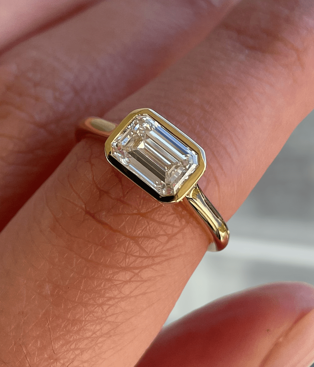 2.00Ct Emerald Cut Lab-Grown Diamond East West Bezel Engagement Ring ...
