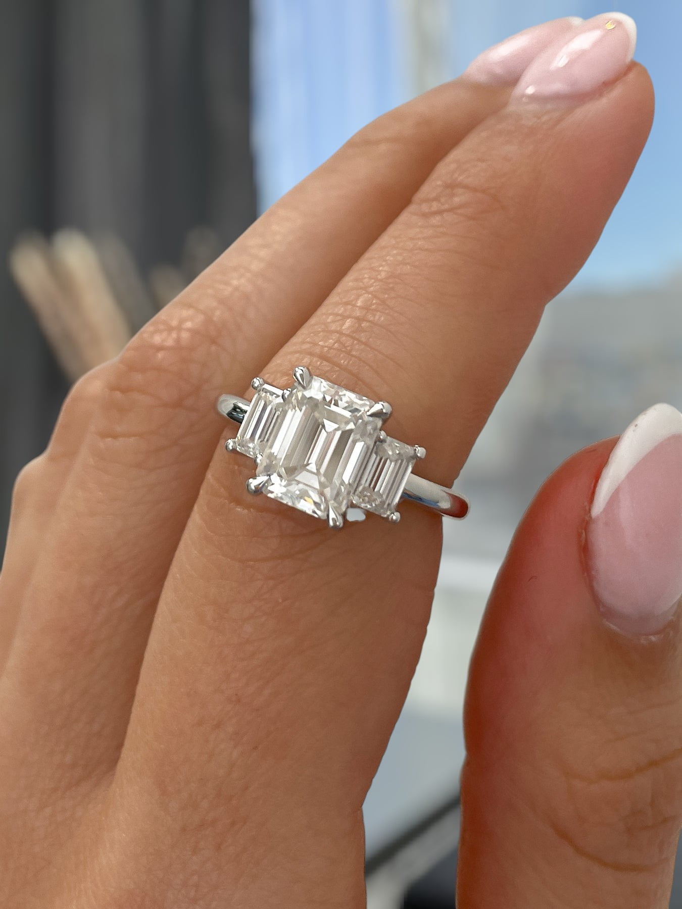 2.00Ct Emerald Cut Lab-Grown Diamond Trilogy Engagement Ring, 18K ...