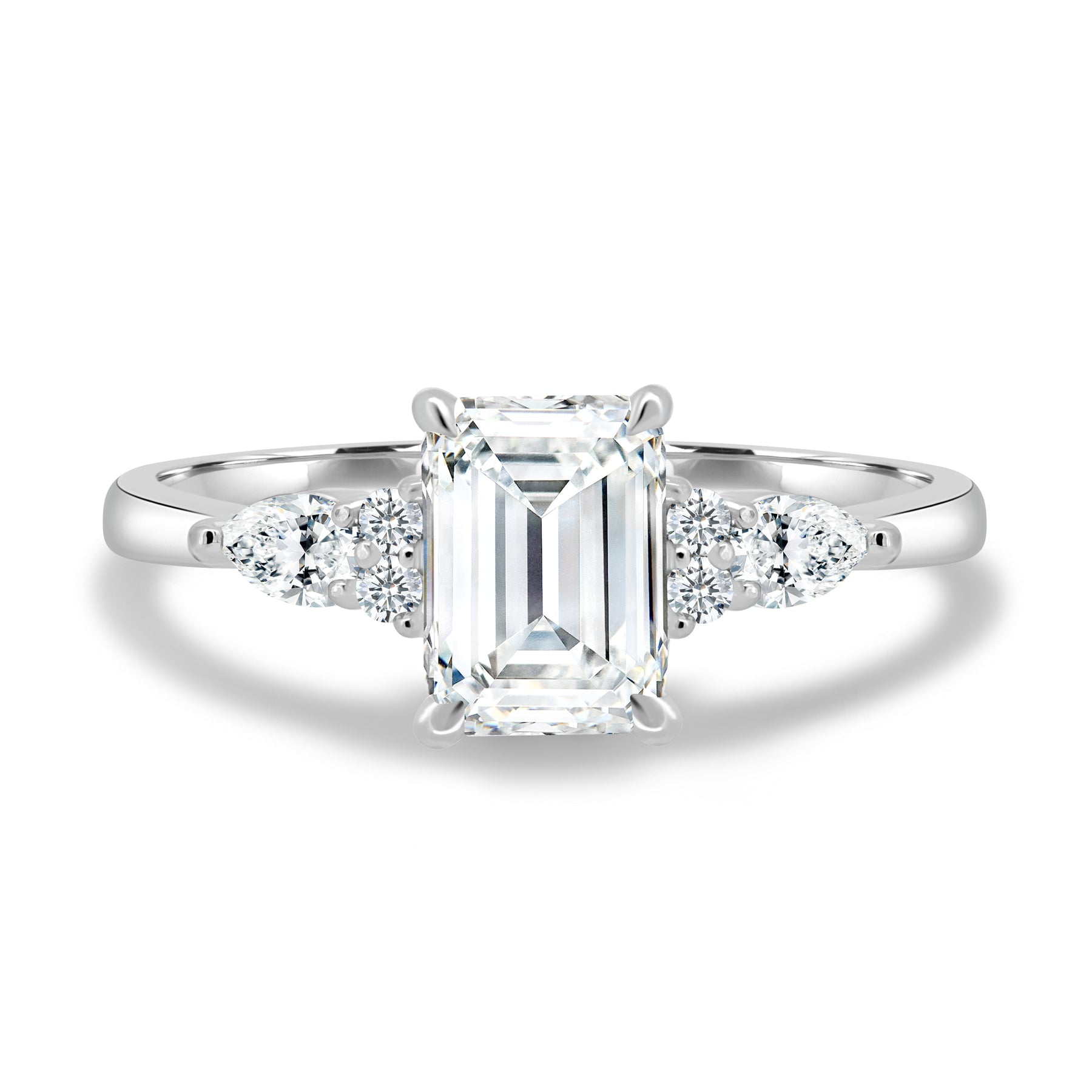 2.00Ct Emerald Cut Moissanite Engagement Ring, Round & Pear Side Stones ...