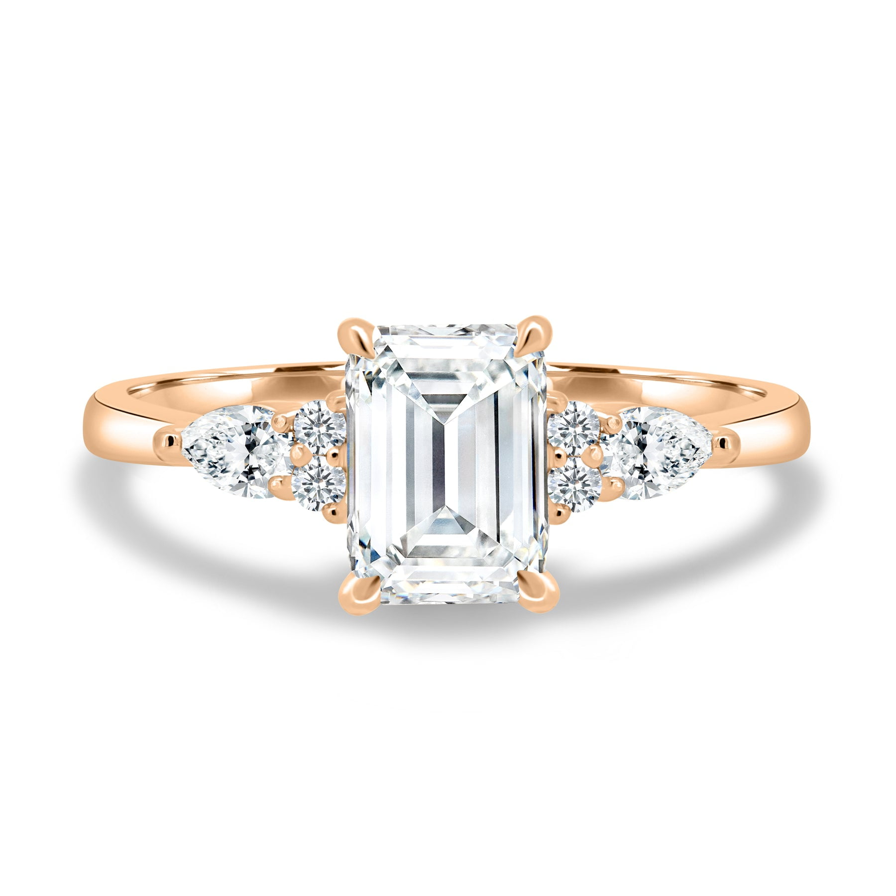 2.00Ct Emerald Cut Moissanite Engagement Ring, Round & Pear Side Stones ...