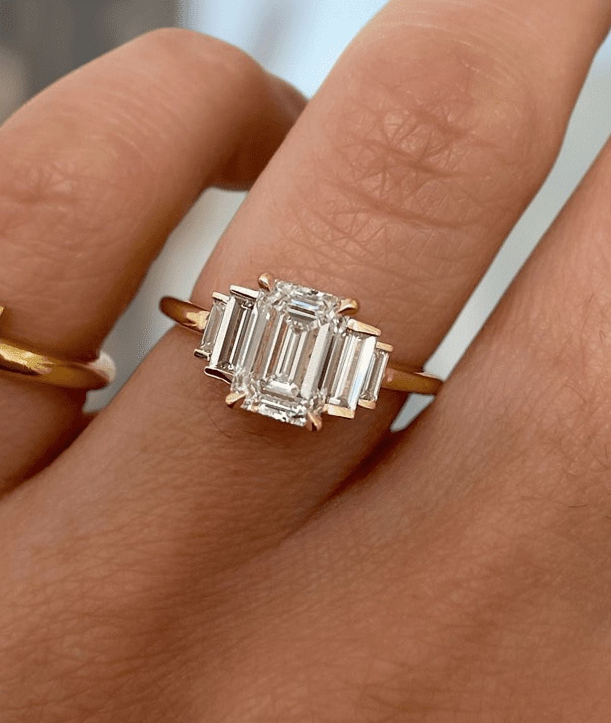 2.00Ct Emerald Cut Moissanite Trilogy Engagement Ring, Baguette ...
