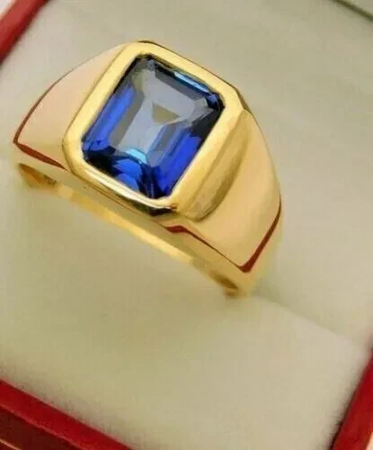 2.00Ct Emerald Cut Simulated Blue Sapphire Solitaire Bezel Set Men's ...