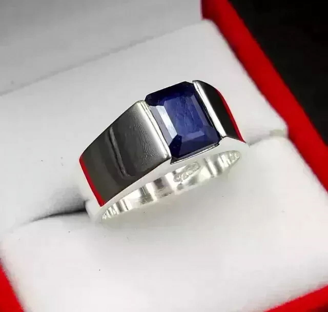 2.00Ct Emerald Cut Simulated Blue Sapphire Solitaire Men's Wedding Ring 14K White Gold Plated ...
