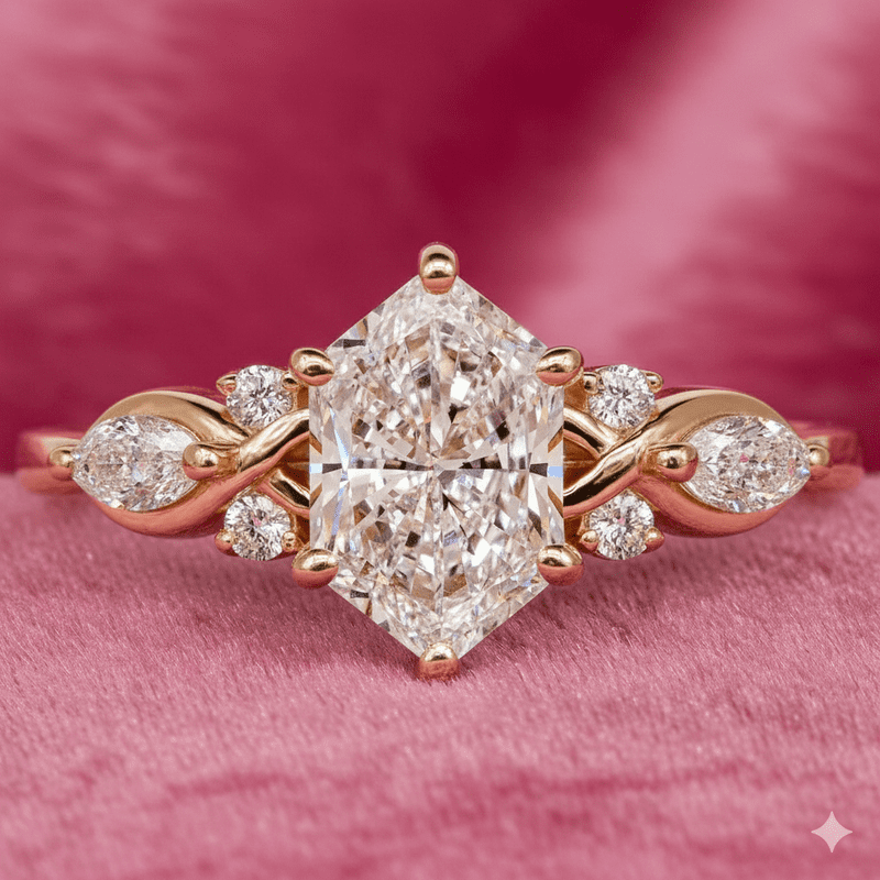 2.00Ct Hexagon Elongated Moissanite Twisted And Side Accent Stone ...