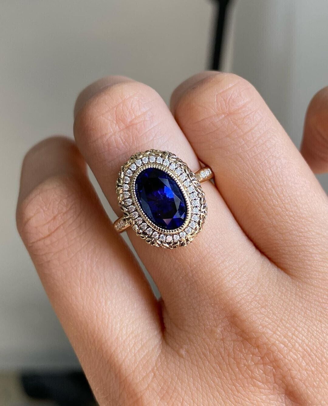 2.00Ct Oval Cut Lab Created Blue Sapphire & Diamond Wedding Ring 14K Yellow Gold Plated 925 ...