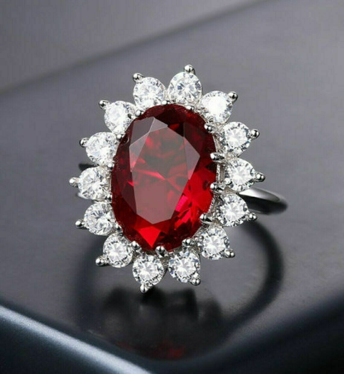 2.00Ct Oval Cut Lab Created Red Ruby & Diamond Flower Halo Engagement ...