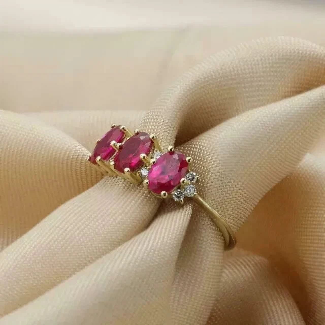 2.00Ct Oval Cut Lab-Created Red Ruby Three Stone Women's Engagement Ring 14K Yellow Gold Plated ...