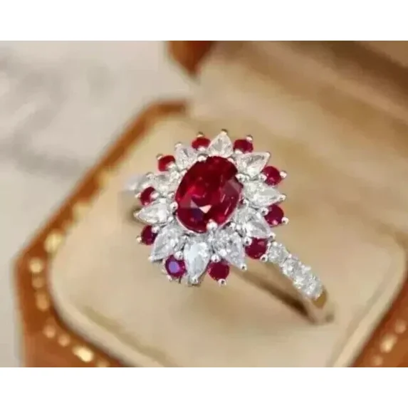 2.00Ct Oval Cut Simulated Red Ruby Halo Women's Engagement Ring 14k ...