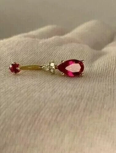 2.00Ct Pear Cut Lab Created Red Ruby Pretty Dangle Belly Button 14K ...