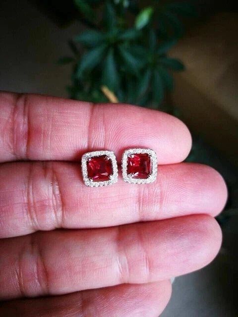 2.00Ct Princess Cut Simulated Red Ruby Halo Stud Women's Gift Earrings ...