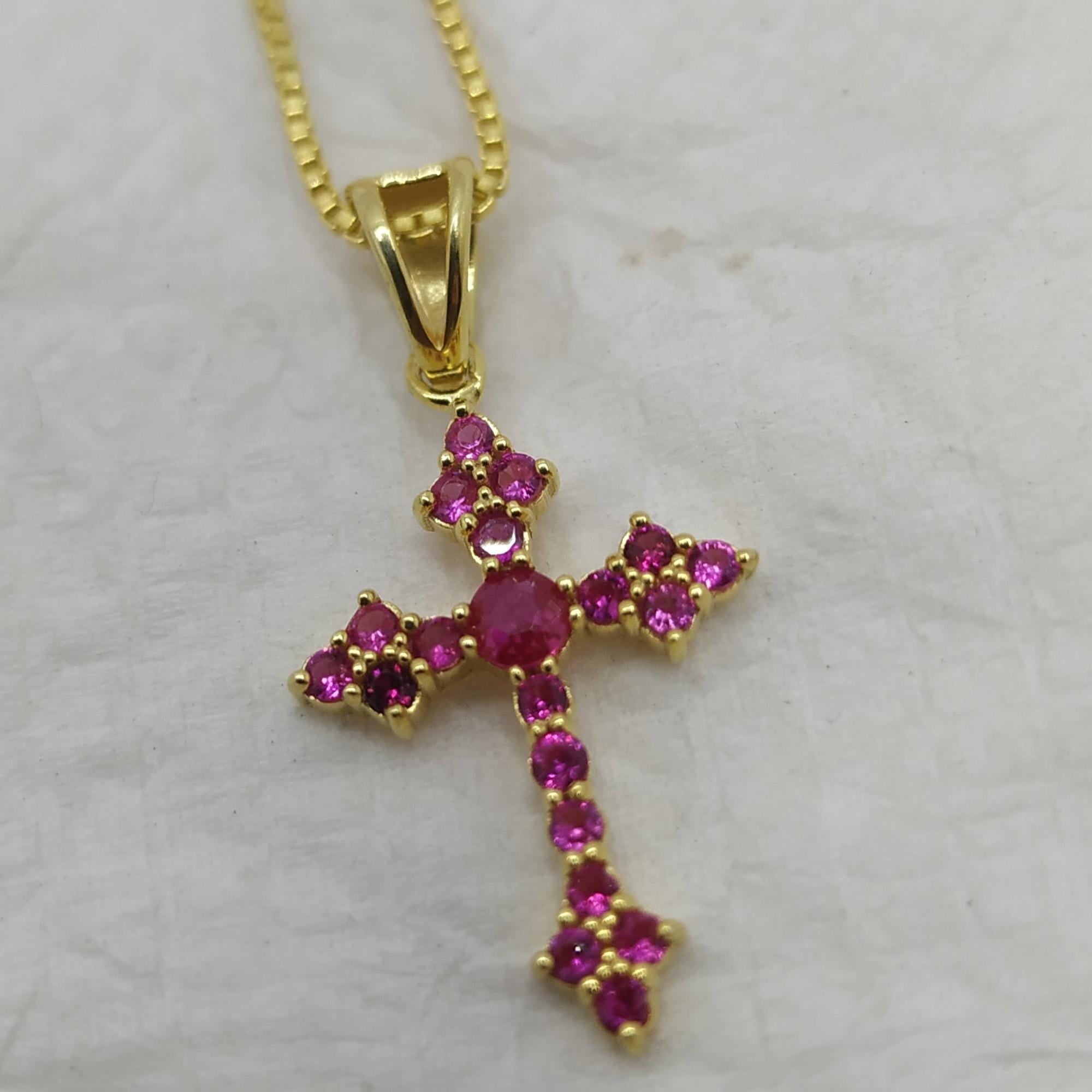 2.00Ct Round Cut Red Ruby Cross Pendant Necklace – 14K Yellow Gold ...