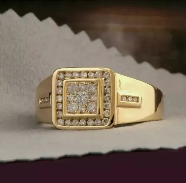 2.00Ct Round Cut Simulated Diamond Mens Engagement Ring 14K Yellow Gold ...