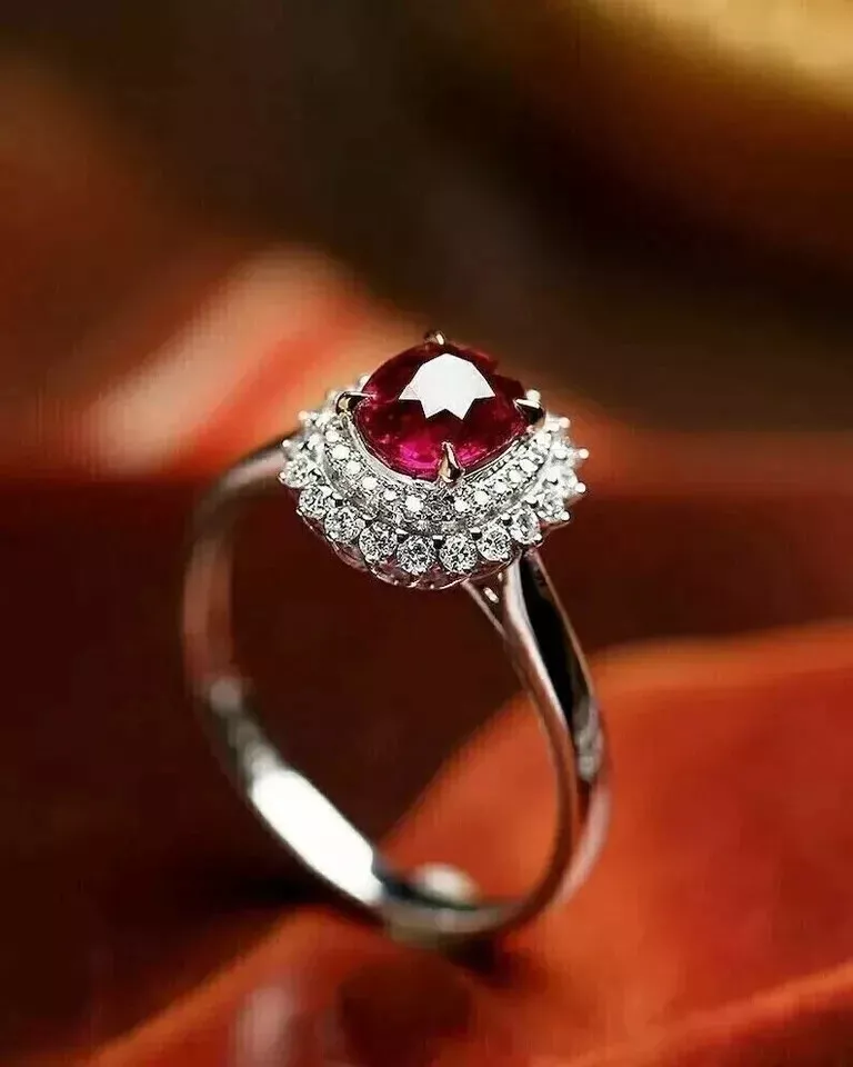 2.00Ct Round Cut -Simulated Red Ruby & Diamond Halo Wedding Ring 14K ...