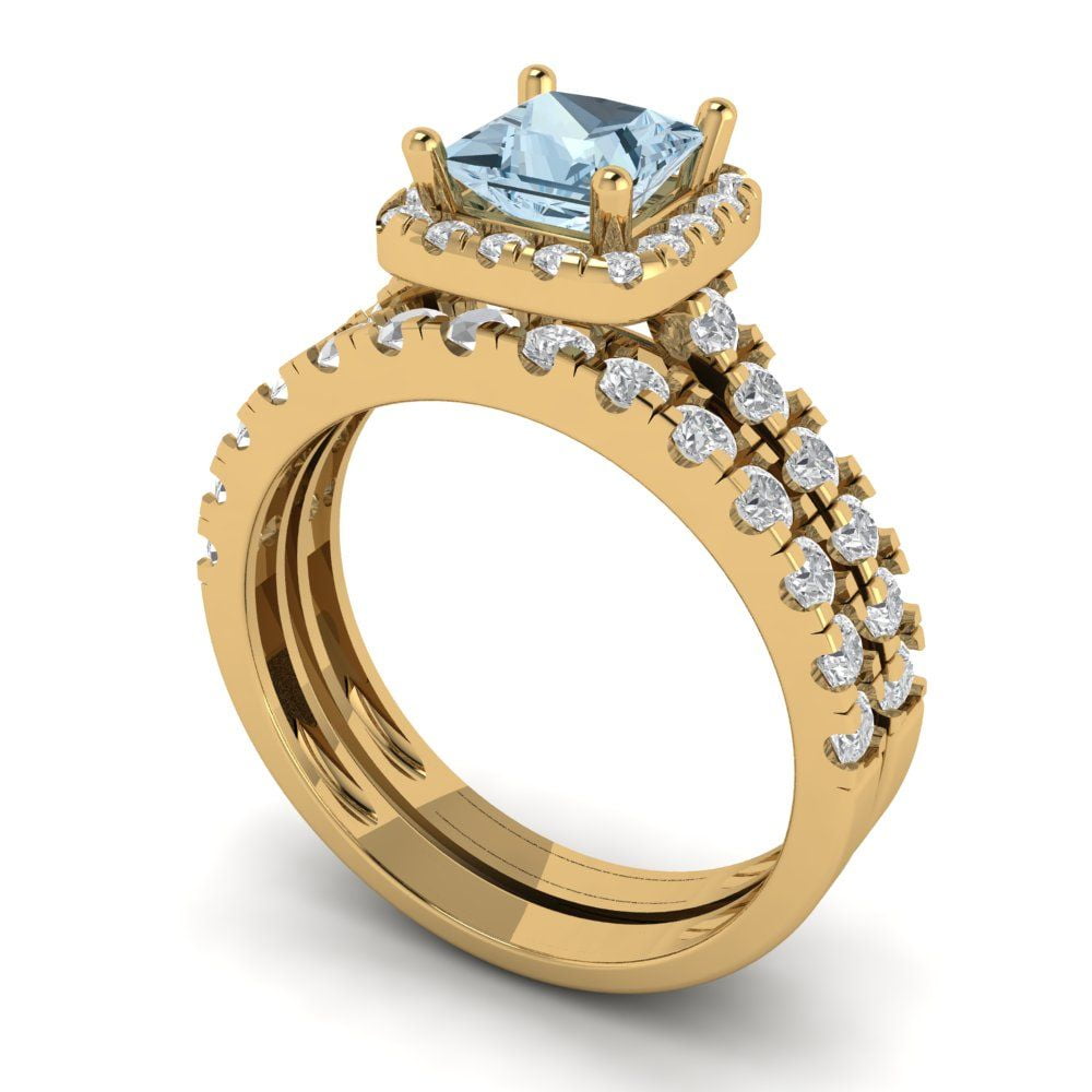 2.01 ct Brilliant Princess Cut Blue Zircon 14k Yellow Gold Halo ...