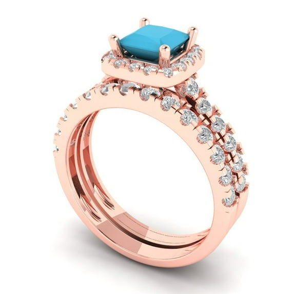 2.01 ct Brilliant Princess Cut Turquoise 18K Rose Gold Halo Solitaire ...