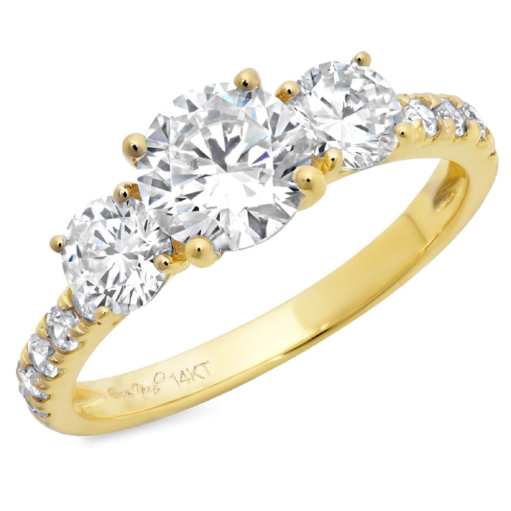 2.02 ct Round Cut Genuine Cultured Diamond VS1-VS2 J-K 14K Yellow Gold Three-Stone Promise ...