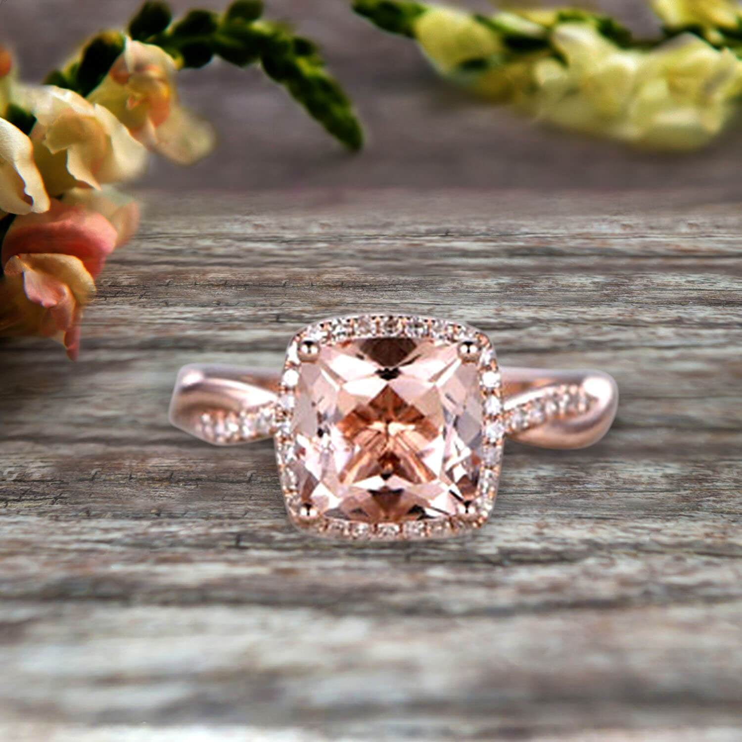 2.05 Carat 7mm Cushion Cut Morganite Engagement Ring Infinity Twisted ...