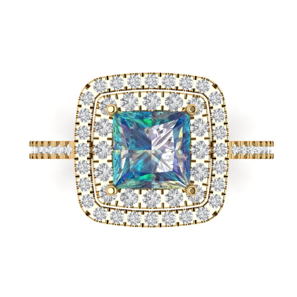 2.07 ct Princess Cut Blue Moissanite with Simulated Diamond Halo Accents 14K Yellow Gold Womens ...