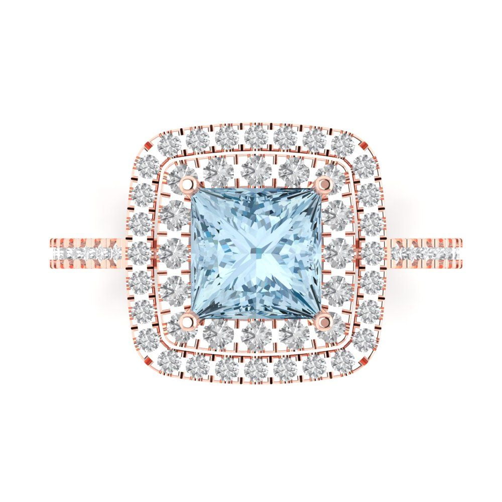 2.07 ct Princess Cut Natural Aquamarine with Simulated Diamond Halo Accents 14K Rose Gold Womens ...