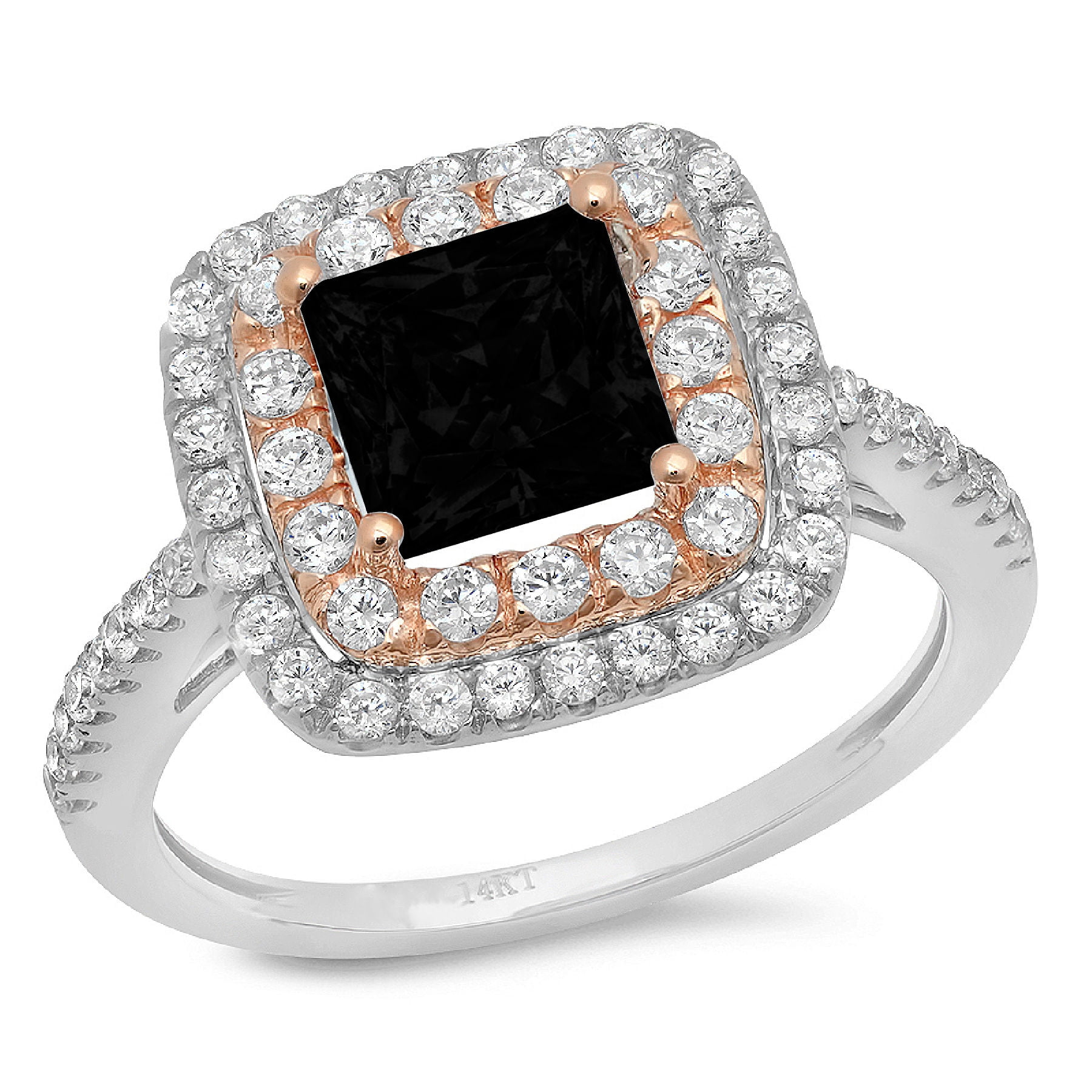 2.07 ct Princess Cut Natural Onyx with Simulated Diamond Halo Accents 14K White/Rose Gold Womens ...