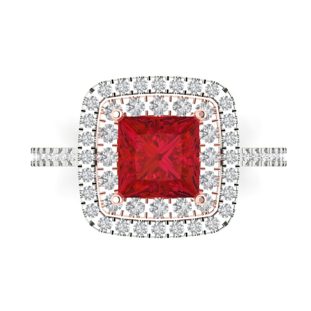 2.07 ct Princess Cut Simulated Ruby with Simulated Diamond Halo Accents 14K White/Rose Gold ...