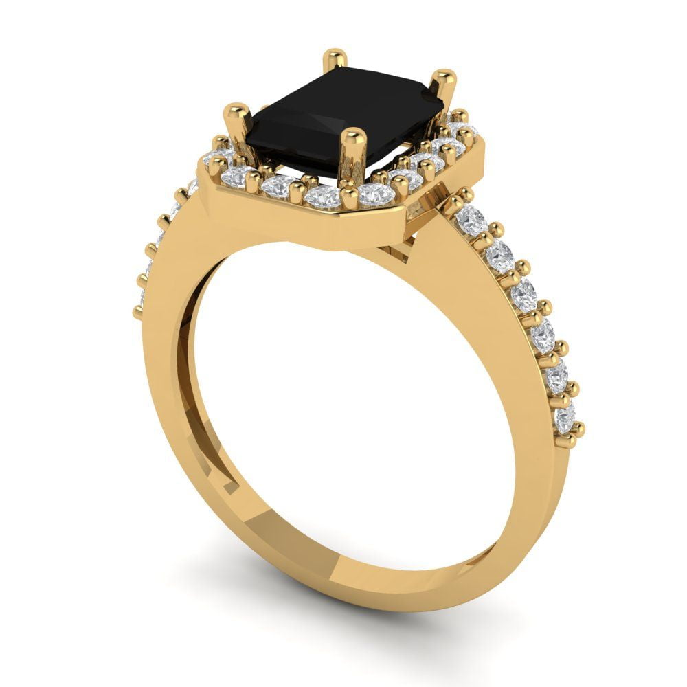 2.07ct emerald cut black natural onyx 18k yellow gold halo Bridal Wedding Engagement Promise ...