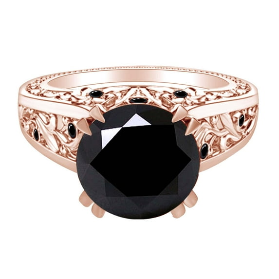 AFFY 2.08 Carat Round Shape Black Diamond Filigree Engagement Ring 14K ...
