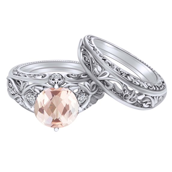 AFFY 2.09 Carat Round Shape Simulated Morganite & Natural Diamond ...