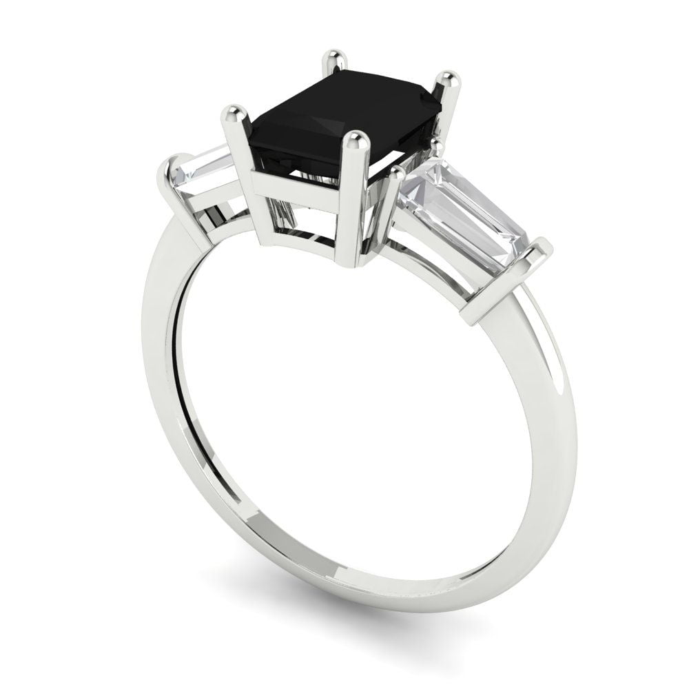 2.0ct emerald cut black natural onyx 14k white gold 3 stone Bridal Wedding Engagement Promise ...