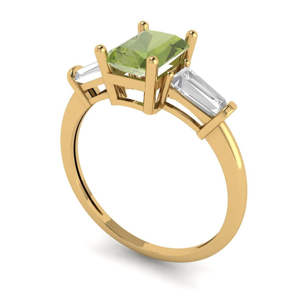 2.0ct emerald cut green natural peridot 14k yellow gold 3 stone Bridal Wedding Engagement ...