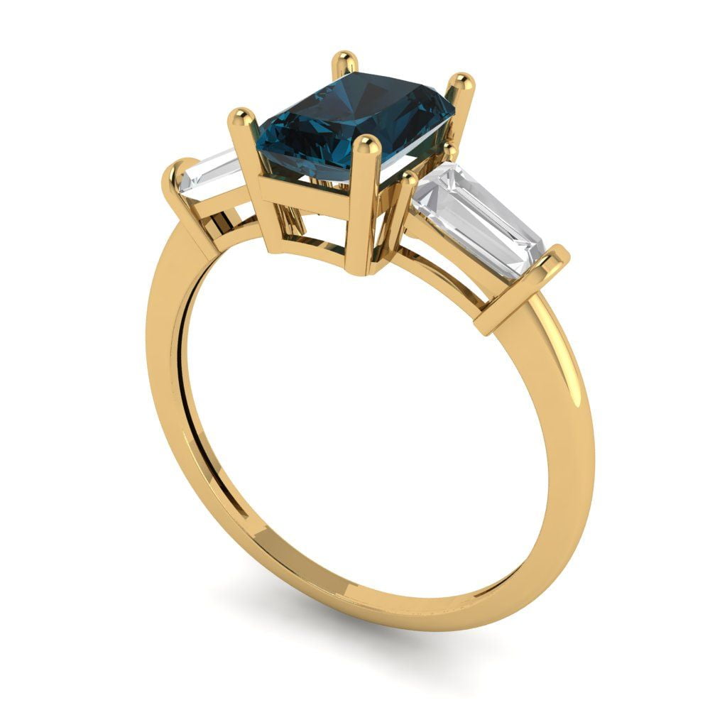 2.0ct emerald cut natural london blue topaz 14k yellow gold 3 stone Bridal Wedding Engagement ...