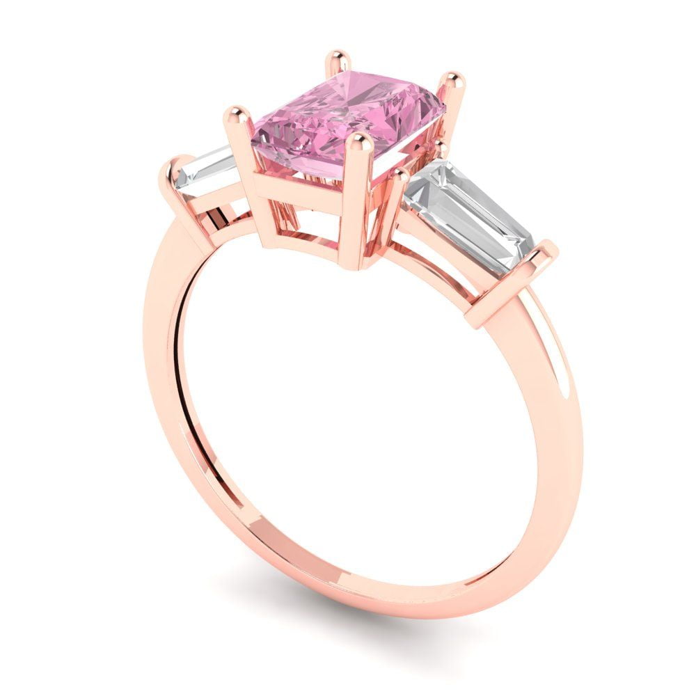 2.0ct emerald cut pink Zircon 18k rose gold 3 stone Bridal Wedding ...
