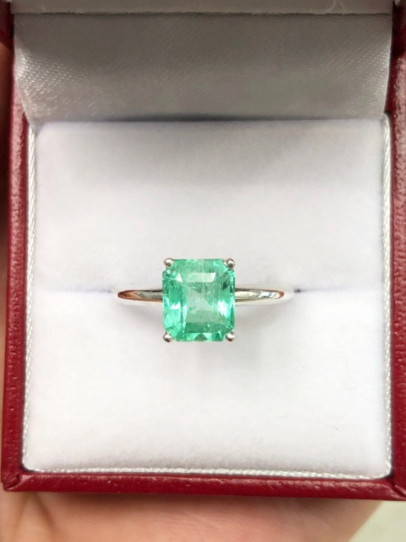 2.0cts Rich Green Emerald Solitaire Silver Engagement Ring, Emerald ...