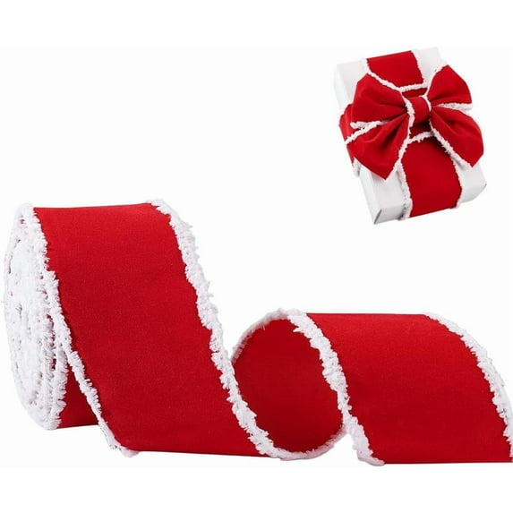2-1/2 Inch Red Velvet Wired Ribbon with Snowy Edge Christmas Ribbons ...
