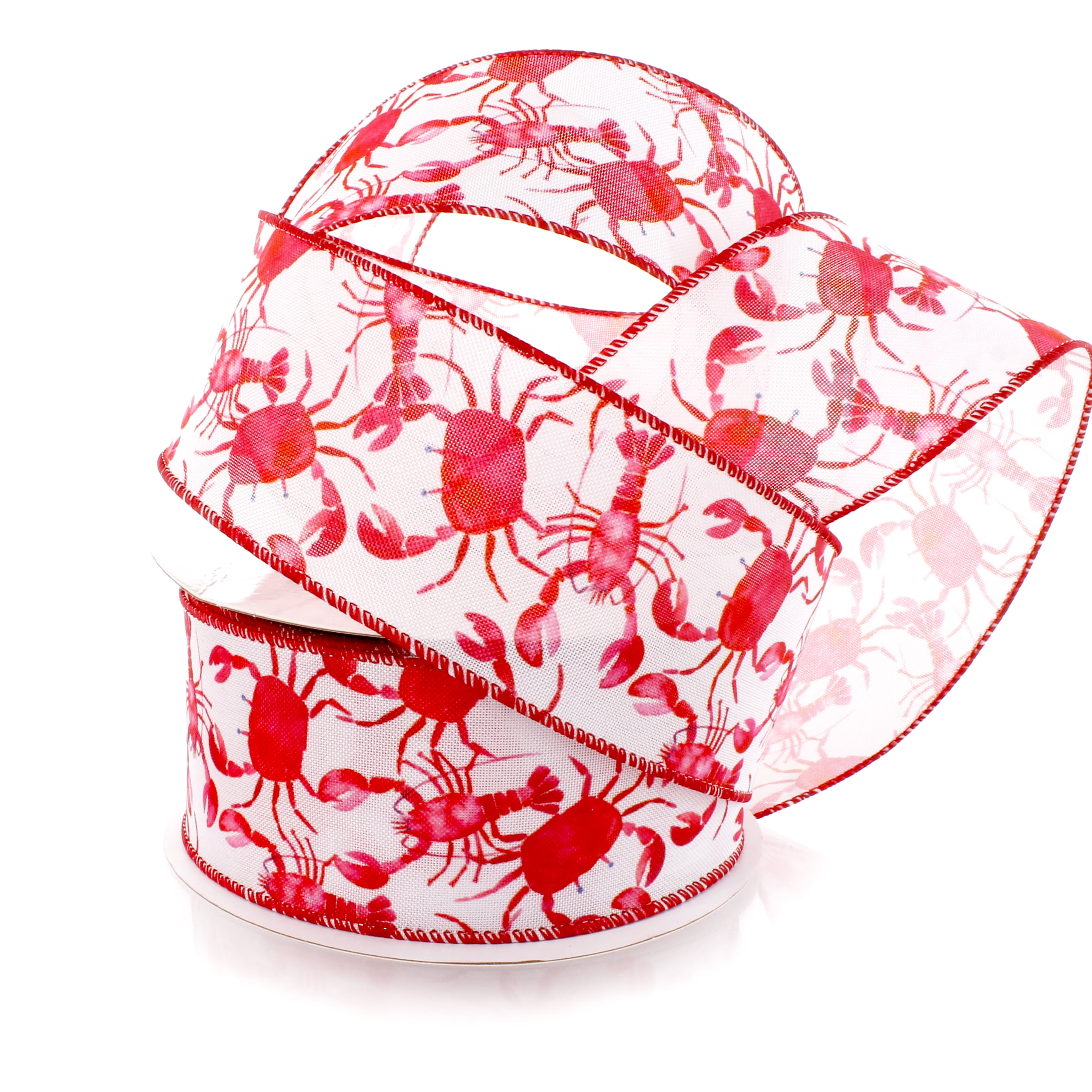 2 1/2" Wired Ribbon Nautical Watercolor Red Crabs and Lobsters 10 Yards ...