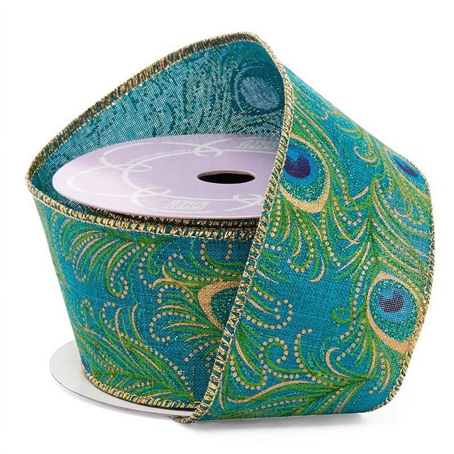 2 1/2" X 10 Yards Peacock Feather On Blue Fabric Ribbon by Paper Mart ...