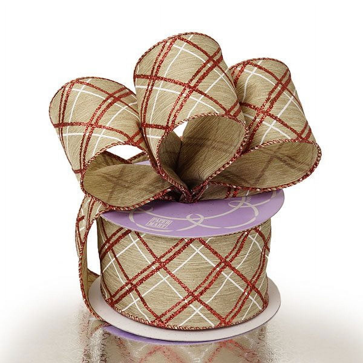 2 1/2" X 10 Yards Red/White Triple Grid Natural Wired Ribbon Christmas ...